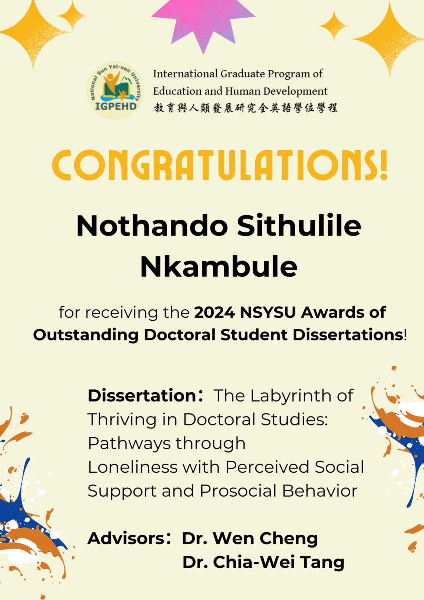 Congratulations to Nothando Sithulile Nkambule upon earning the 112 academic year NSYSU ...